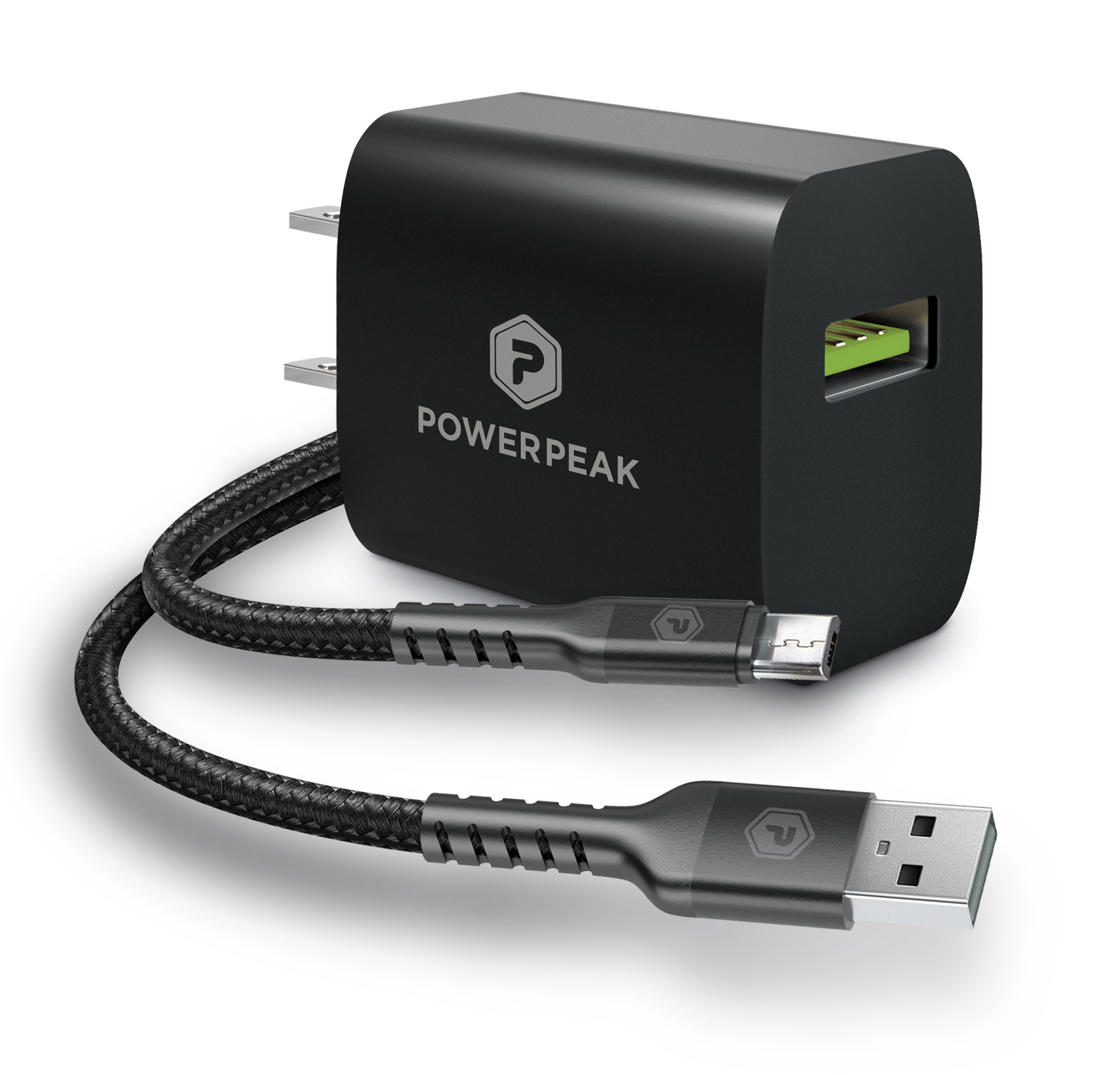 PowerPeak Quick Charge 3.0 Micro Wall Charger with 6ft. Braided Cable - Black - PP-TCQC-MCR