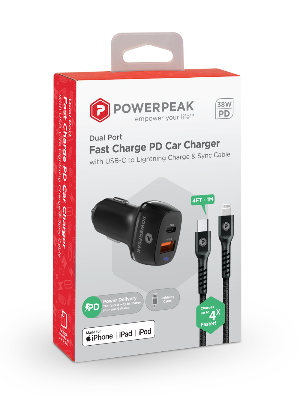 PowerPeak Dual Port Fast Charge PD Car Charger w/USB-C to Lighting [38W ...