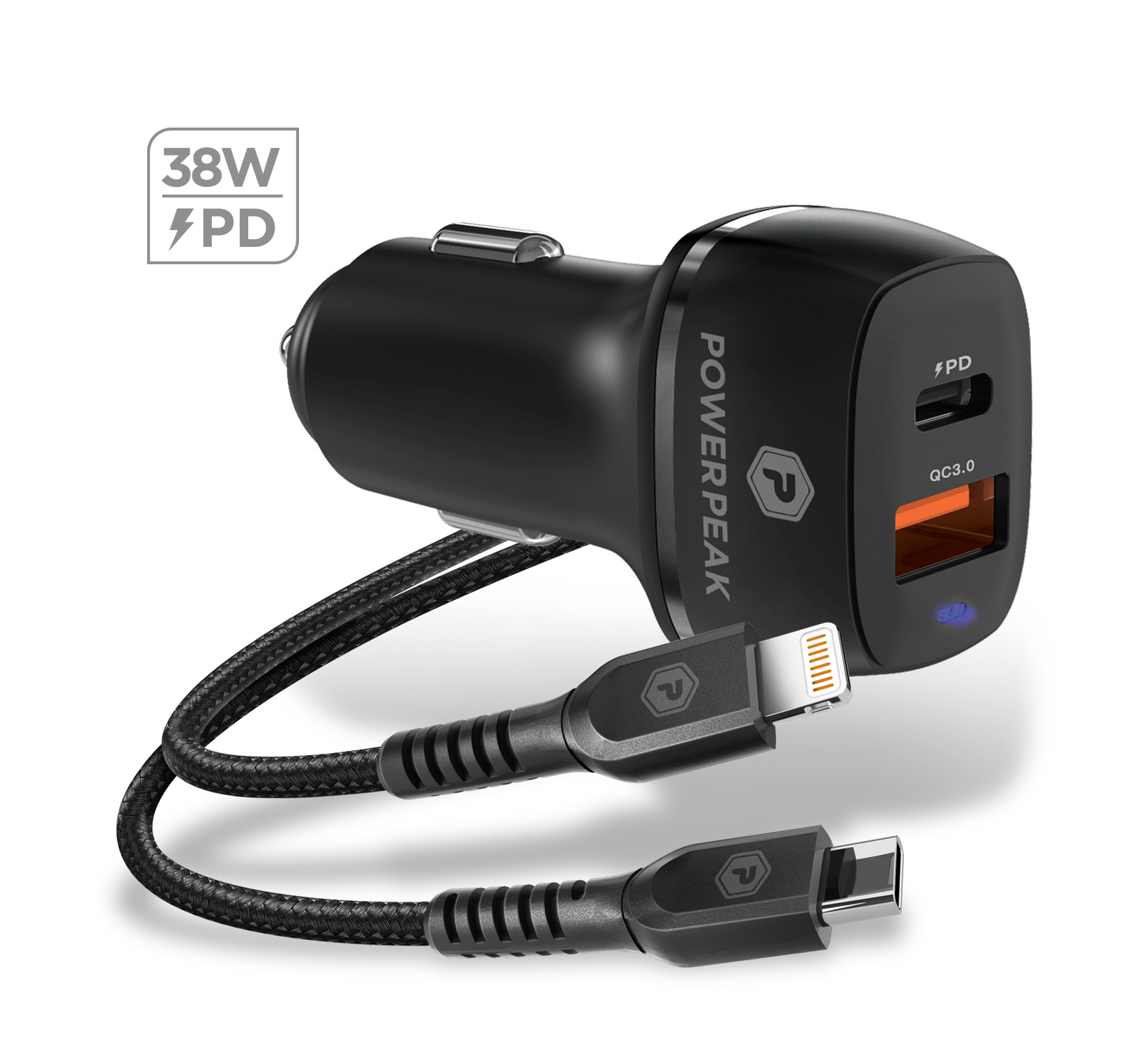 PowerPeak Dual Port Fast Charge PD Car Charger w/USB-C to Lighting [38W ...