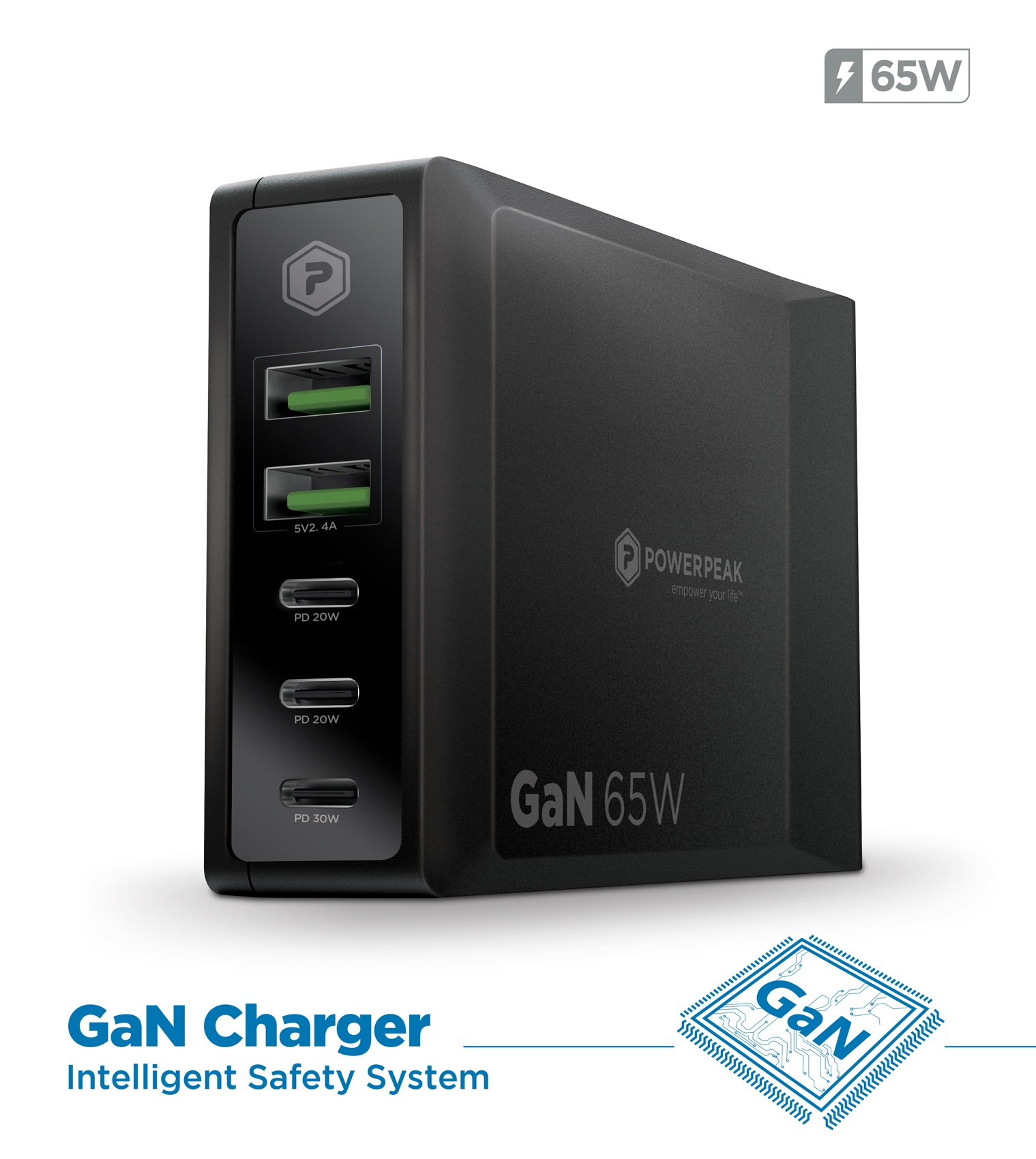Powerpeak Multi-Device Charger 65W 5 Port Charger - PP-TCMP65-BK