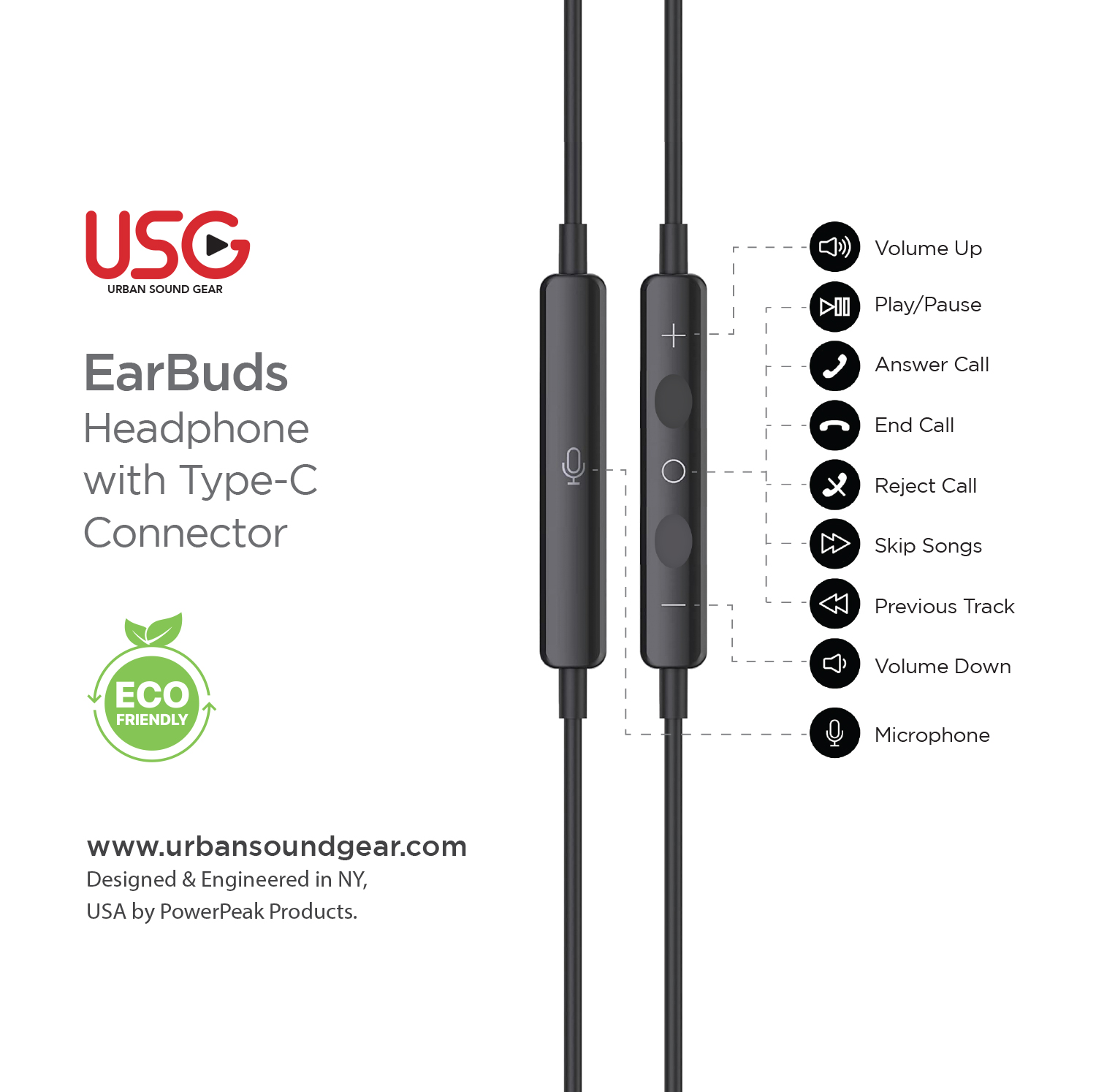 Urban Sound Gear Type C Headphone - Black - USG-HSTYC-BK