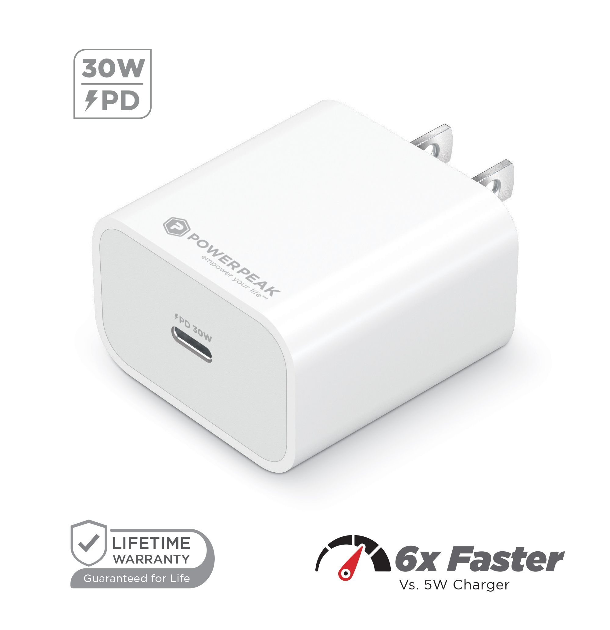 PowerPeak ECONOMY - ULTRAFAST 30W PPS High Speed USB C Wall Charger - White - PP-ETCPD30W