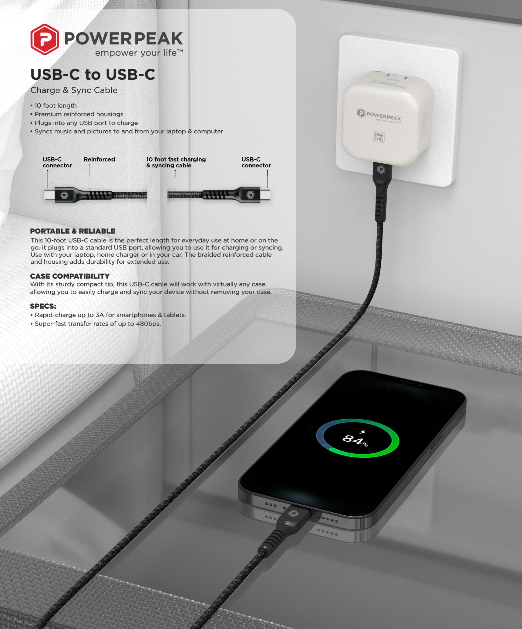 PowerPeak 10ft. Braided Nylon USB Type-C to Type-C Charge & Sync Cable ...