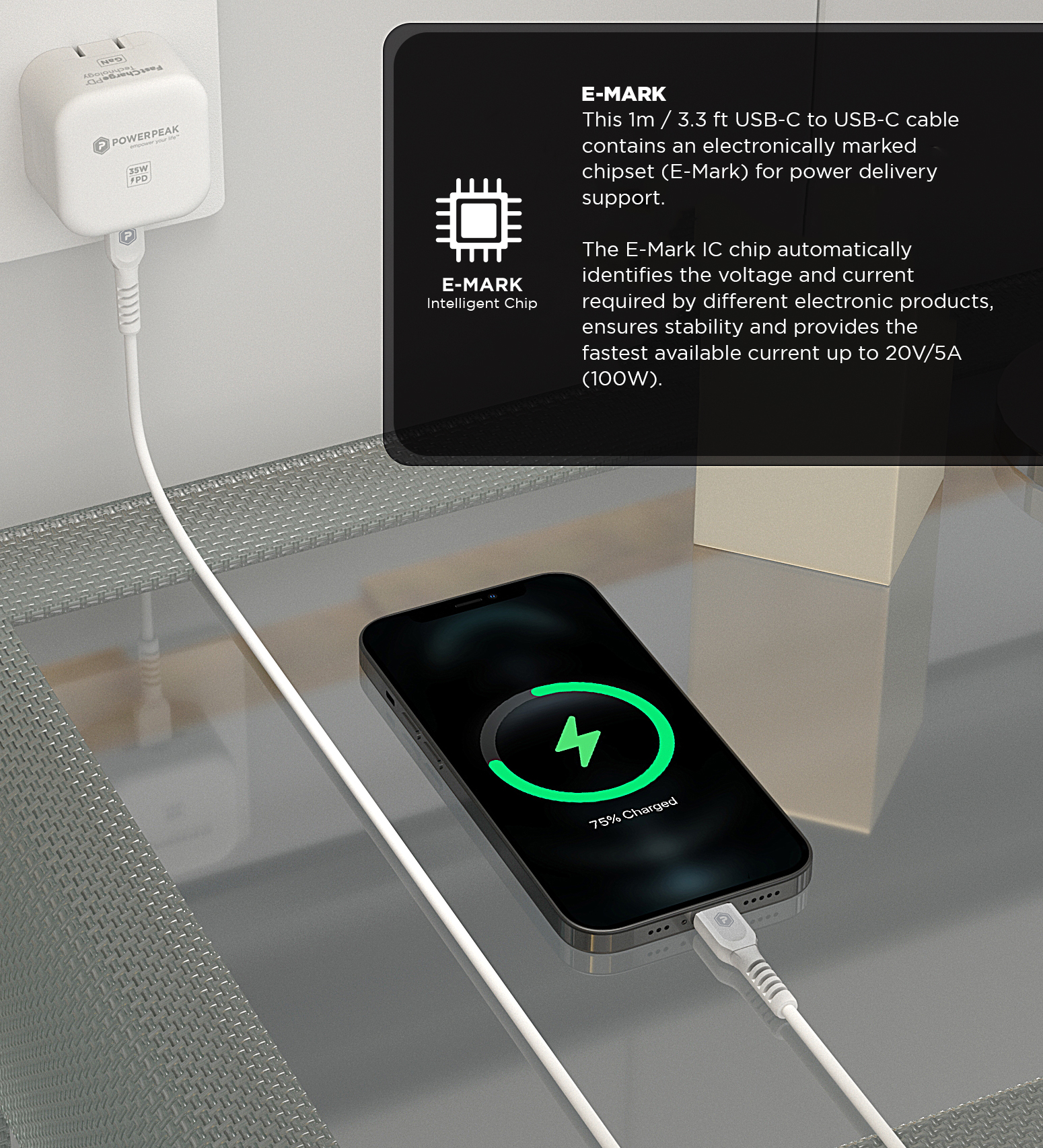 PowerPeak Type C to C 100w Charge, Sync Cable 3Ft -White - PP-TYC-TYC-1M-WT