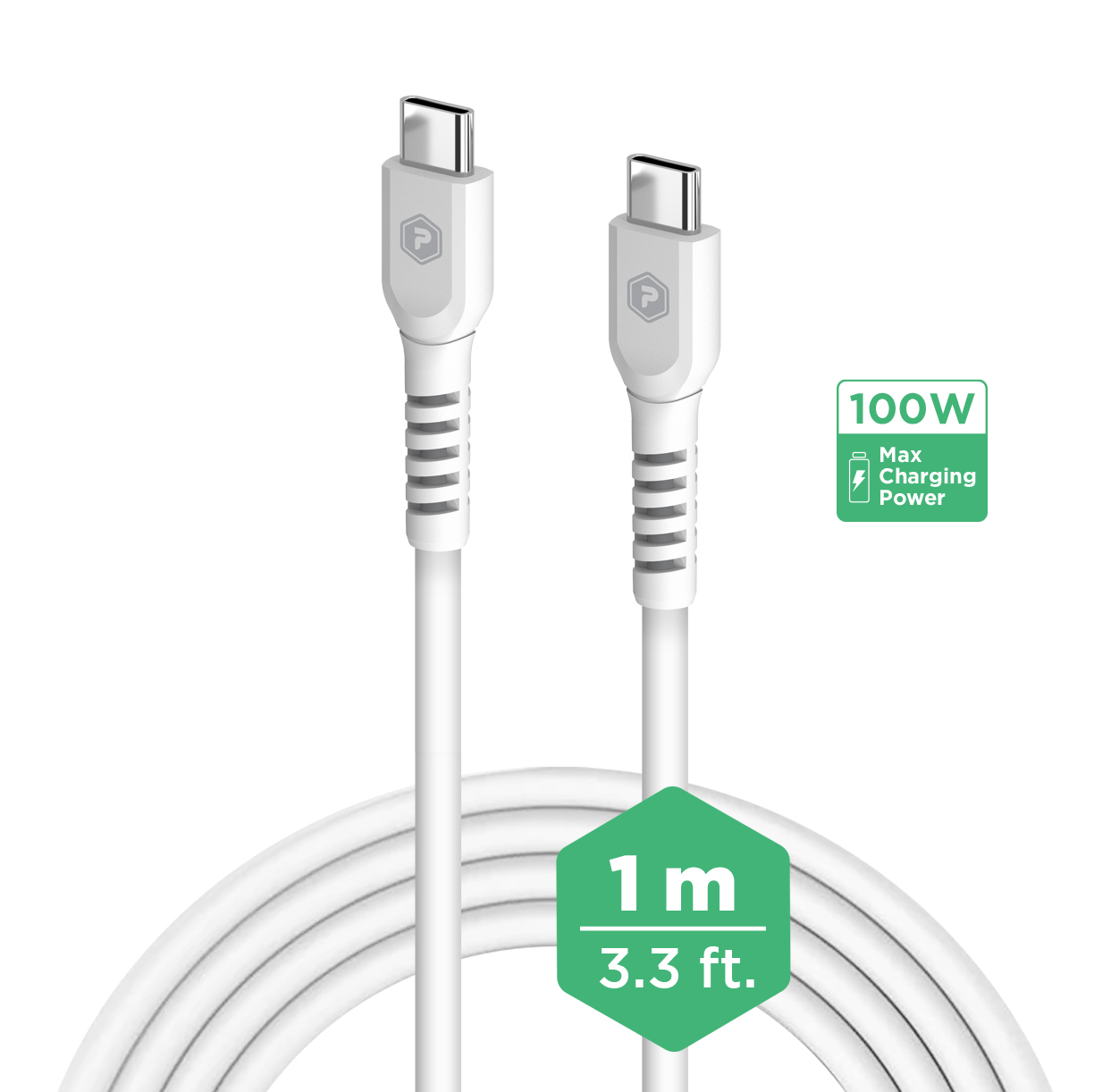 PowerPeak Type C to C 100w Charge, Sync Cable 3Ft -White - PP-TYC-TYC-1M-WT