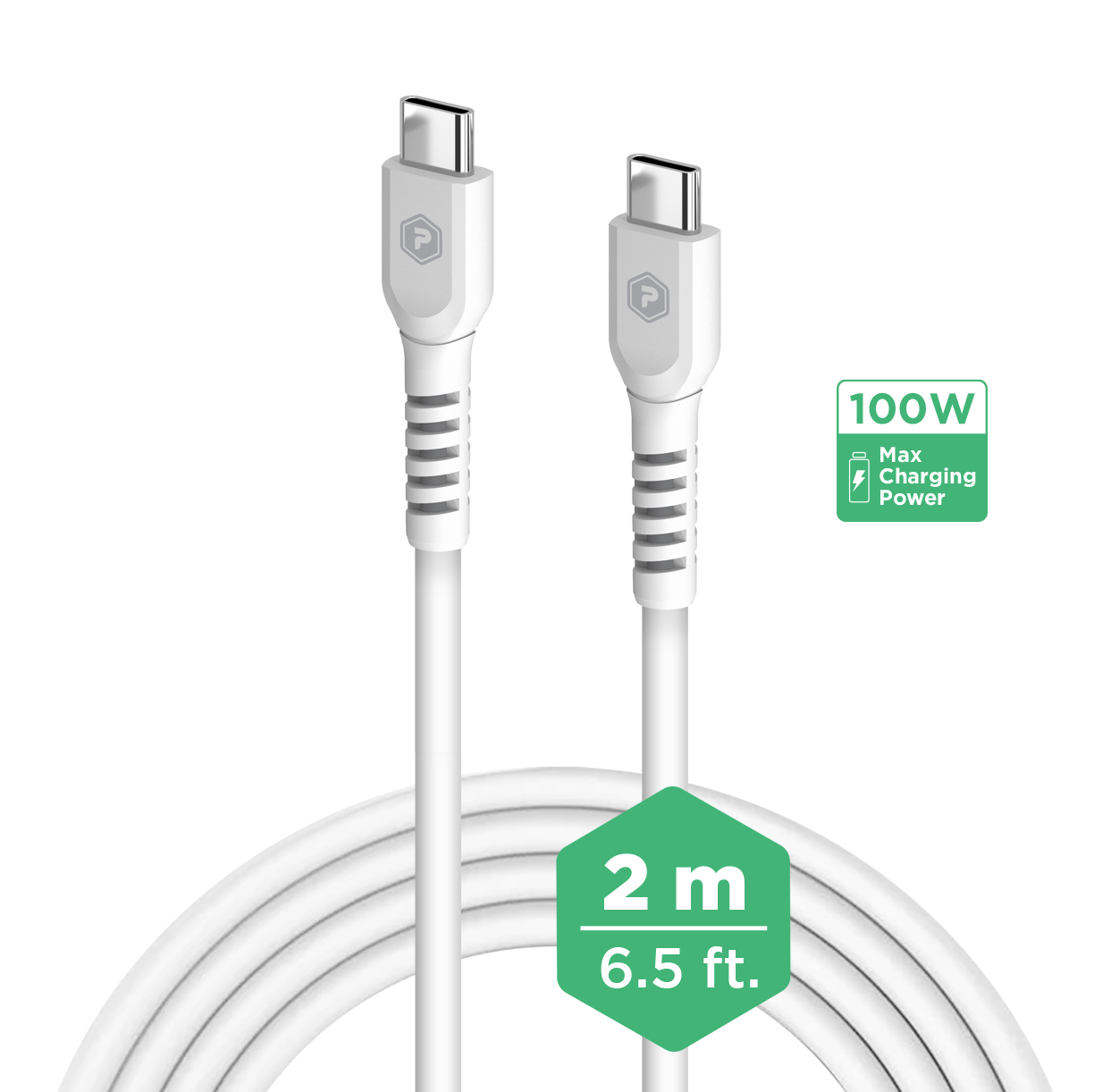 PowerPeak Type C to C 100w Charge, Sync Cable 6Ft -White - PP-TYC-TYC-2M-WT